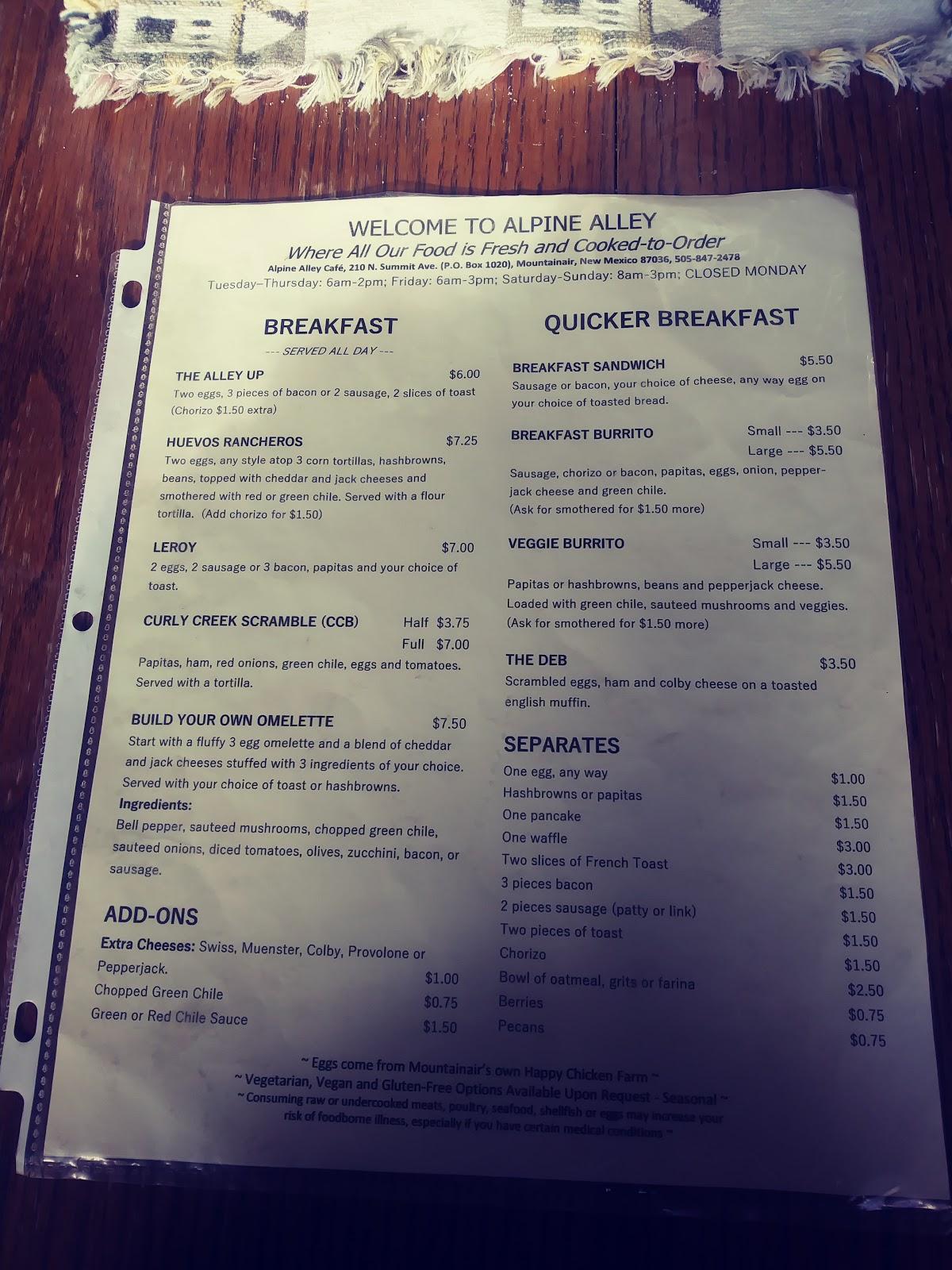 Menu at Alpine Alley restaurant, Mountainair