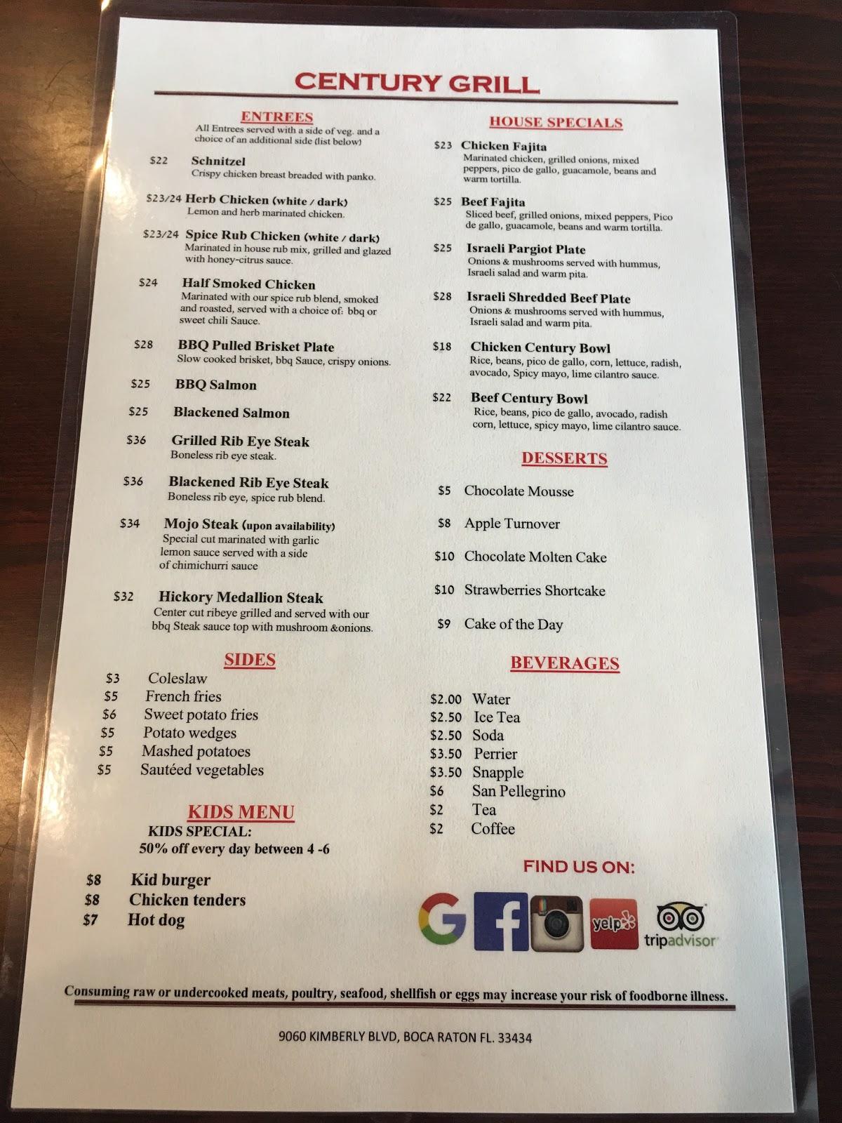 Menu at Century Grill restaurant, Boca Raton, Kimberly Blvd