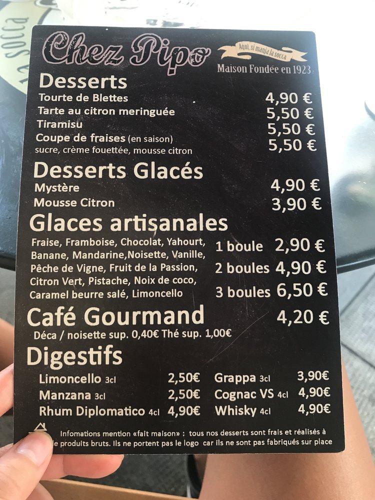 Menu at Chez Pipo restaurant, Nice, 13 Rue Bavastro