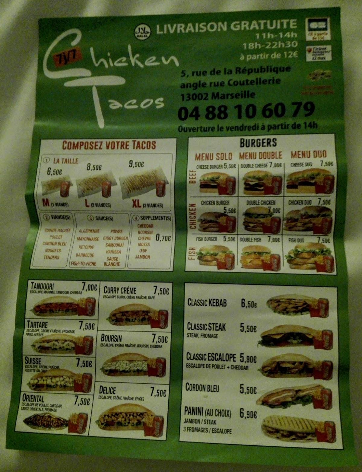 Menu at Chicken Tacos Restaurant, Marseille