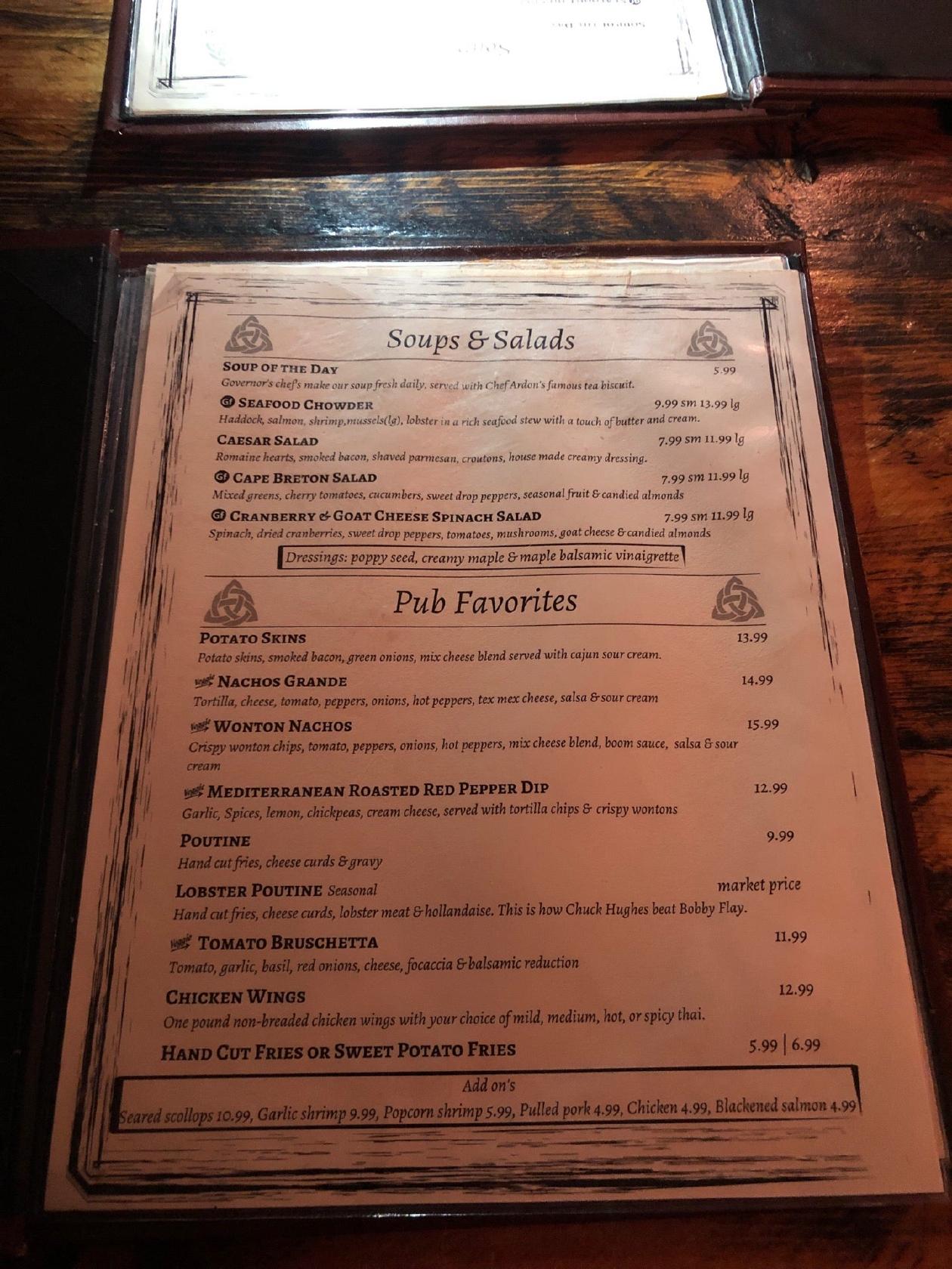 Menu at Governors Pub & Eatery, Sydney