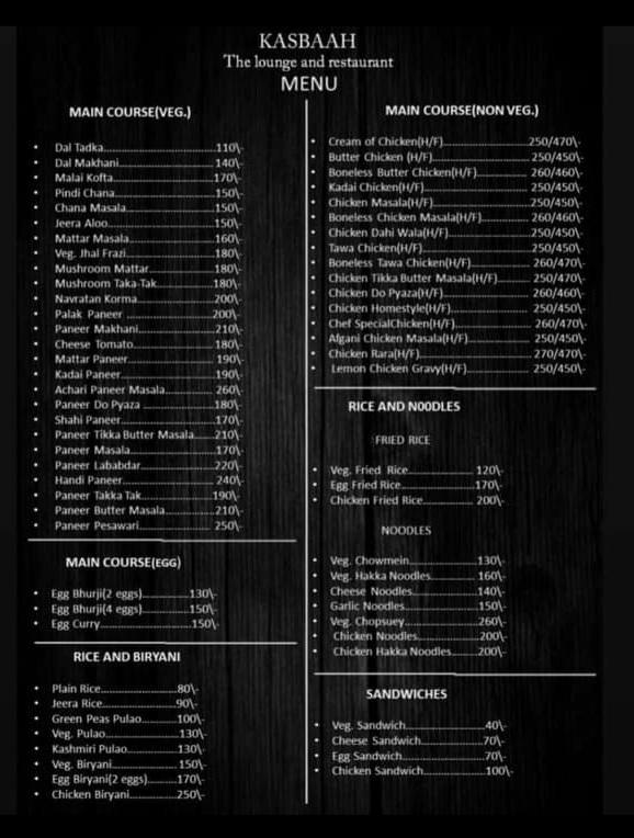 Menu at Kasbaah The Lounge & Restaurant, Karnal