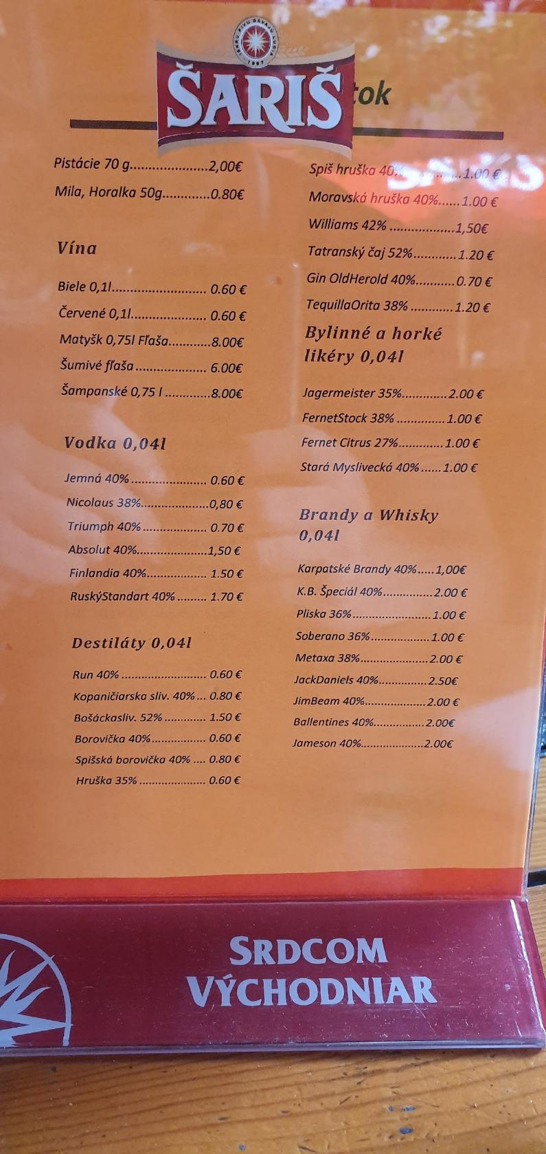 Menu at Šaris Pub Humenné, Humenné
