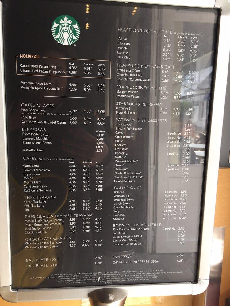 Menu at Starbucks restaurant, Serris, 3 Cr de la Garonne