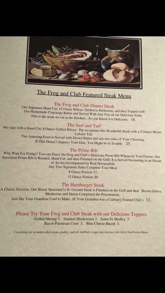 Menu at The Frog and Club Restaurant, Hillsboro