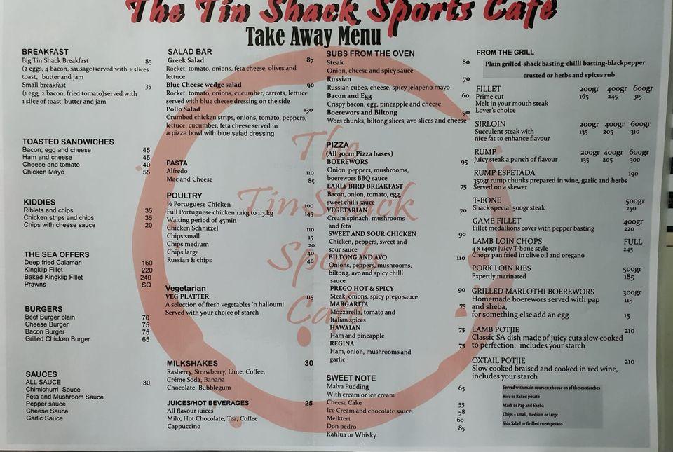 Menu at Tin Shack Restaurant, Marloth Park