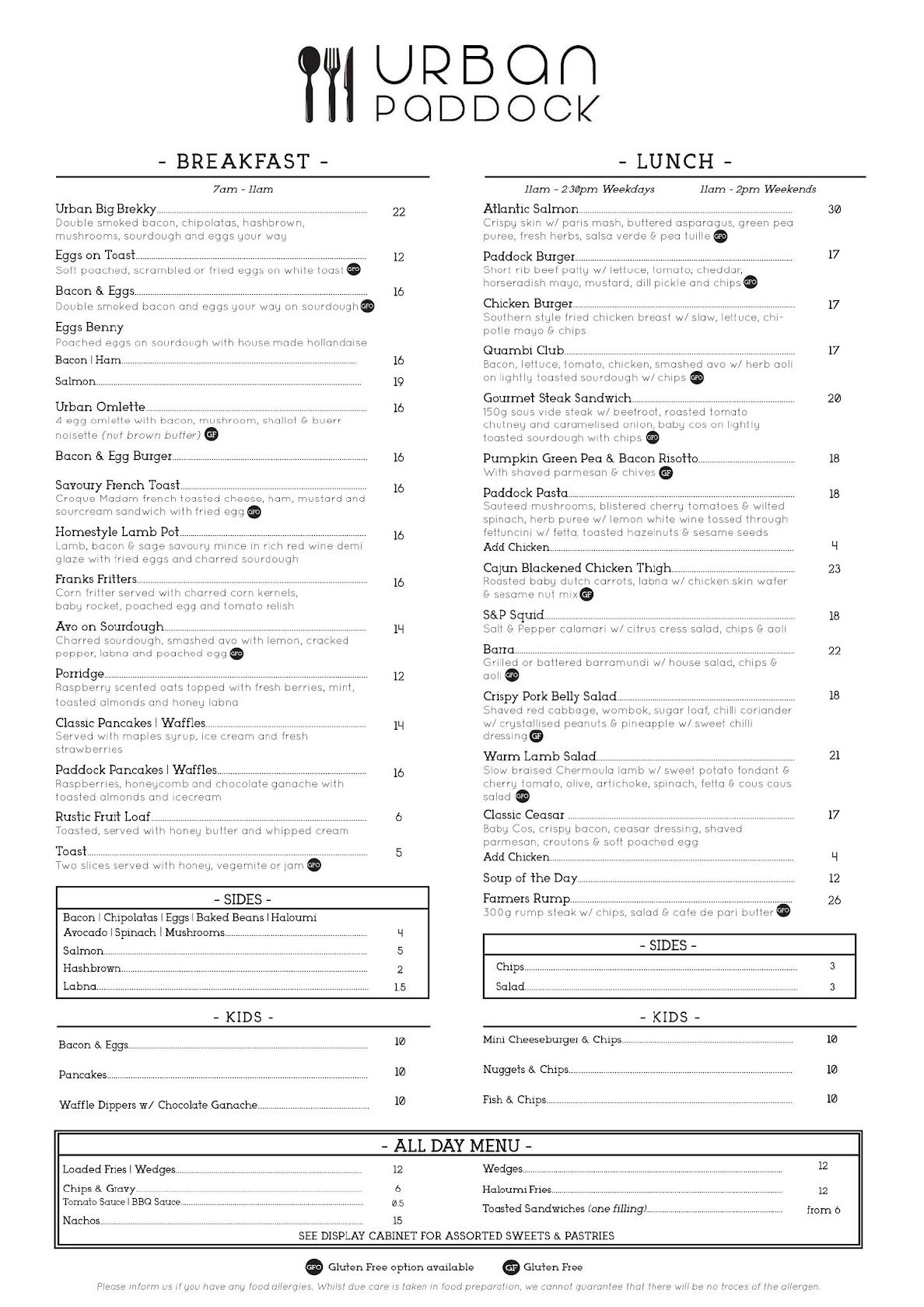 Menu at Urban Paddock Cafe, Dalby