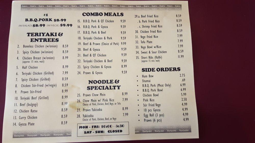 Menu at Yak's Teriyaki restaurant, Seattle, 4th Ave S