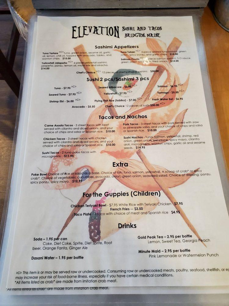 Menu at Elevation Sushi and Tacos restaurant, Bridgton