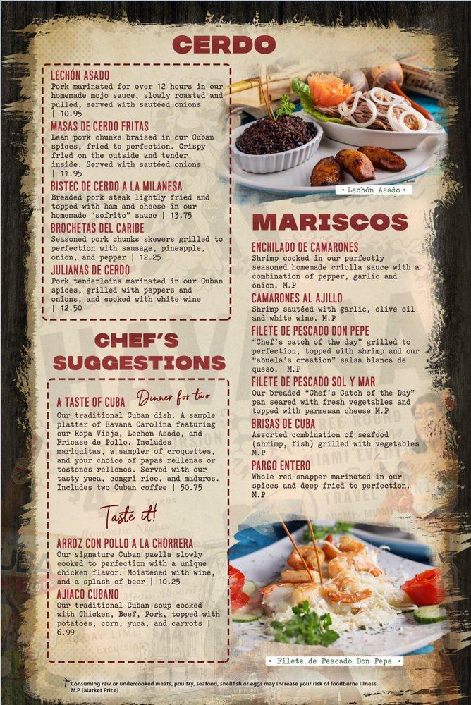 Menu at Havana Carolina Restaurant & Bar, Concord, 11 Union St S Suite