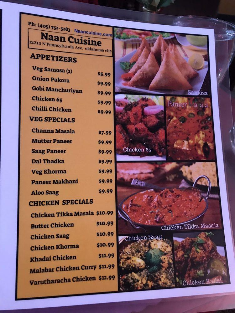 Menu at Naan Cuisine of India restaurant, Oklahoma City