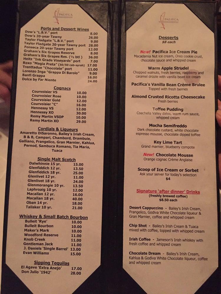 Menu at Pacifica Seafood Restaurant, Palm Desert