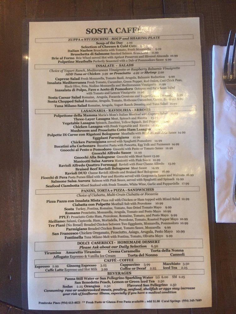 Carta del postres Sosta Caffé, Pembroke Pines, Pines Blvd