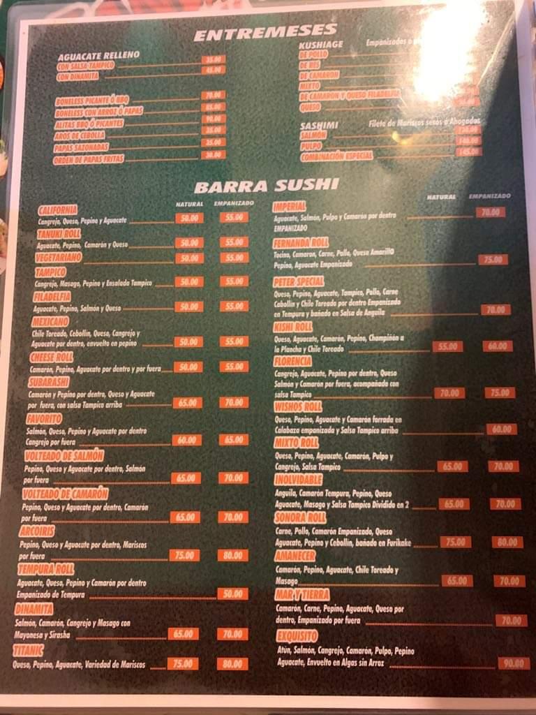 Menu at Tanuki Sushi restaurant, Naco