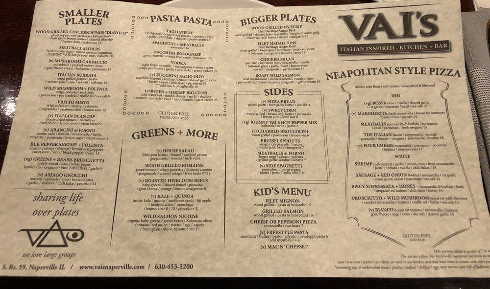 Menu at VAI's Italian Inspired Restaurant Kitchen + Bar, Naperville