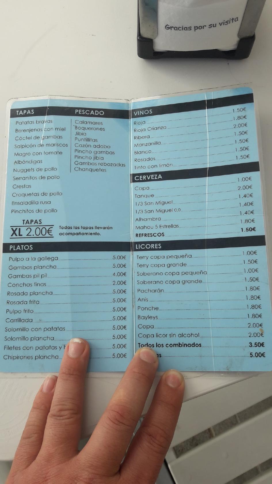 Menu at Bar Competa, Málaga