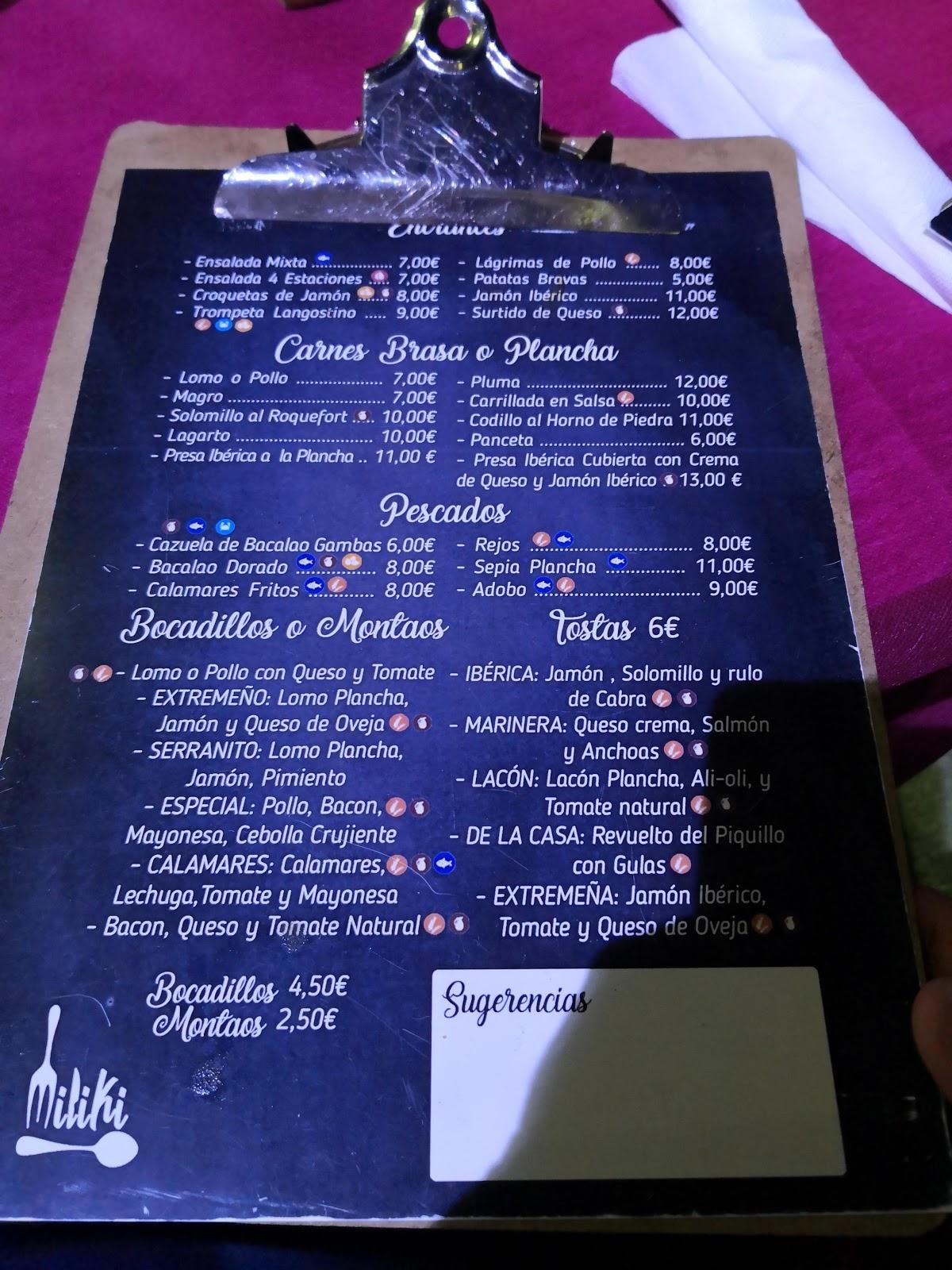 Menu at Cafetería Miliki, Zafra