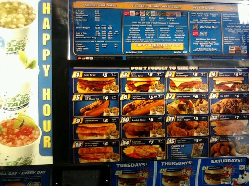Menu at Stars Drive-in fast food, Brownsville, Boca Chica Blvd