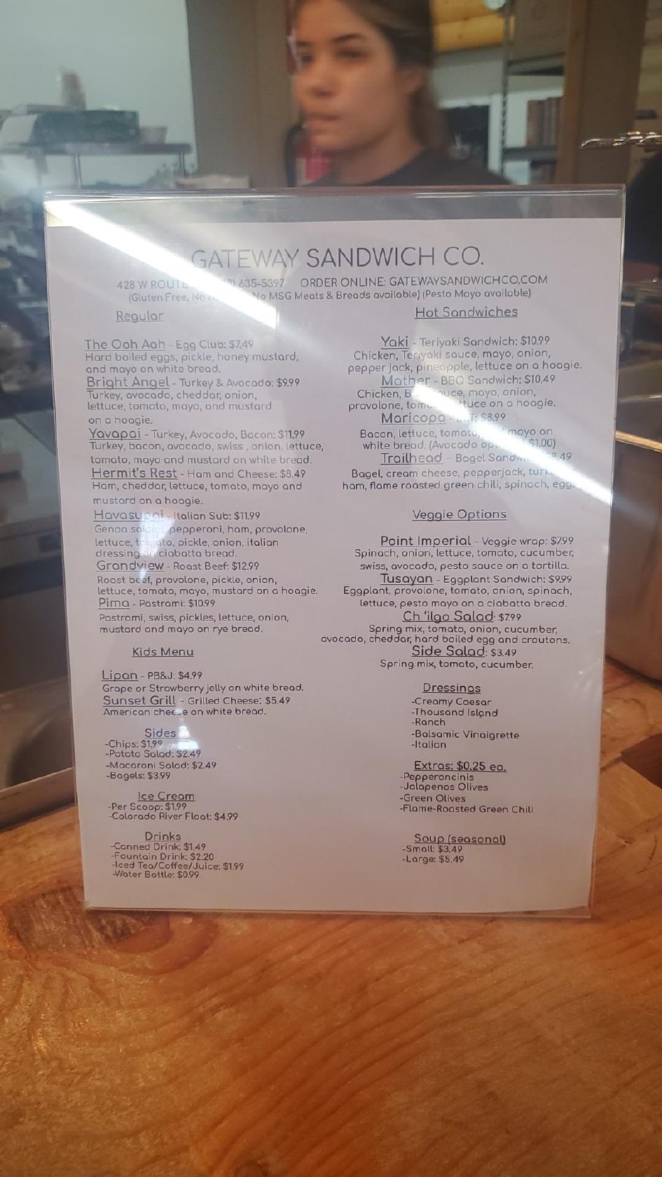 Menu at Gateway Sandwich Co. cafe, Williams