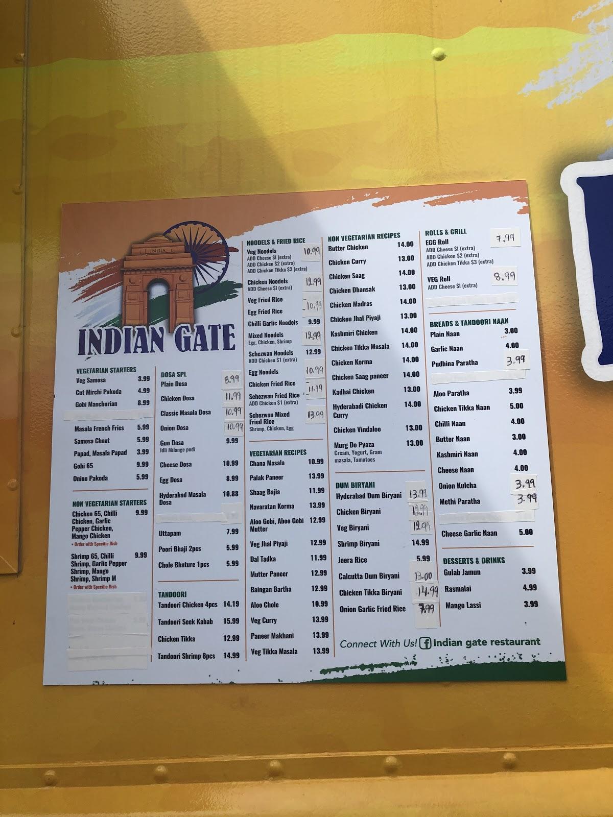 Menu at Indian Gate restaurant, Miami, NW 17th Ave
