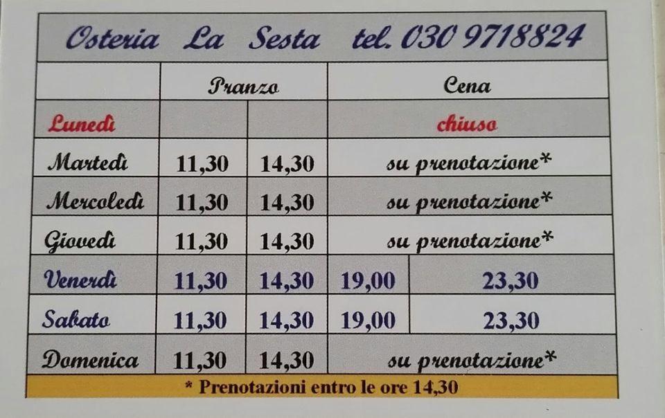 Menu da La Sesta di Orizio Graziella ristorante, Longhena, Via 24 Maggio