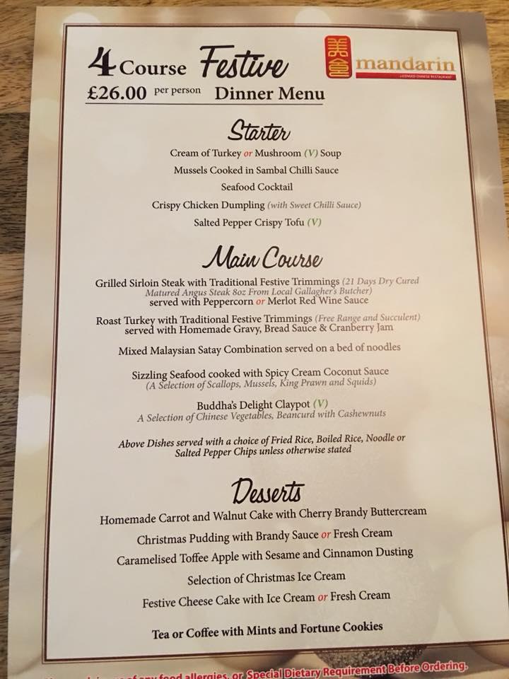 Menu at Mandarin restaurant, Helensburgh
