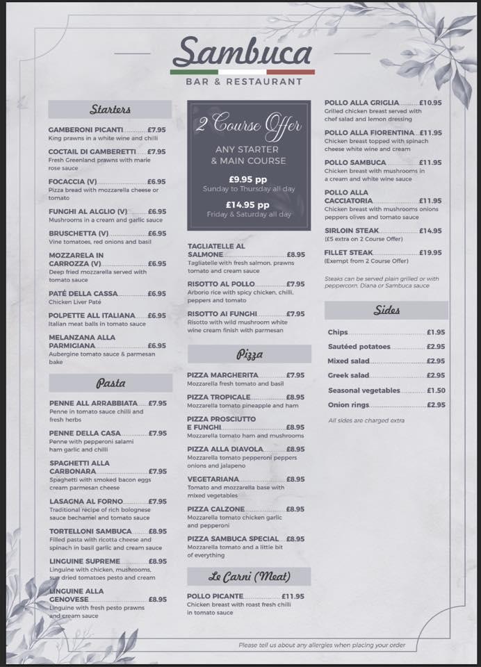 Menu at Sambuca restaurant, Shipley