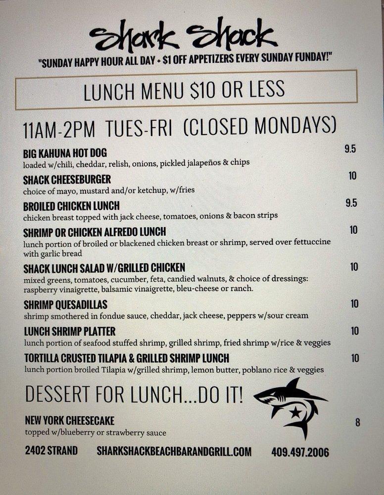 Menu at Shark Shack restaurant, Galveston