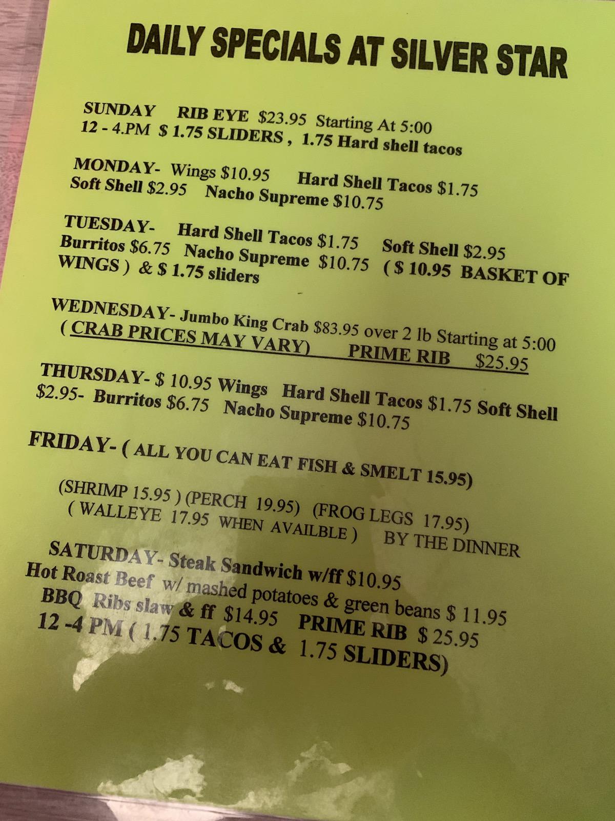 Menu at Silver star bar, Maybee