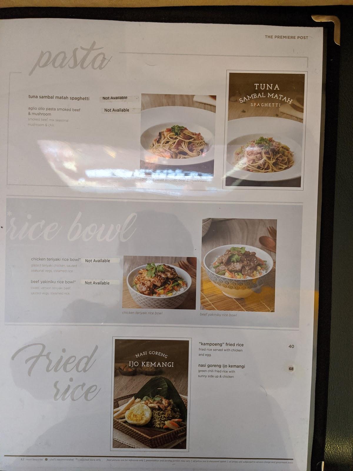 Menu at The Premiere Post cafe, Yogyakarta
