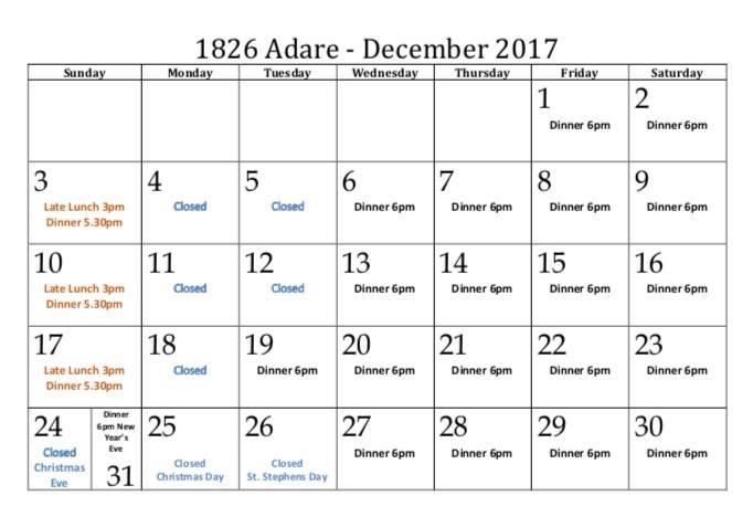 Menu at 1826 Adare restaurant, Adare