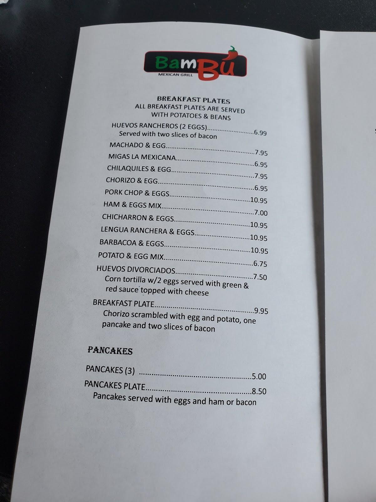 Menu at Bambú restaurant, Galveston