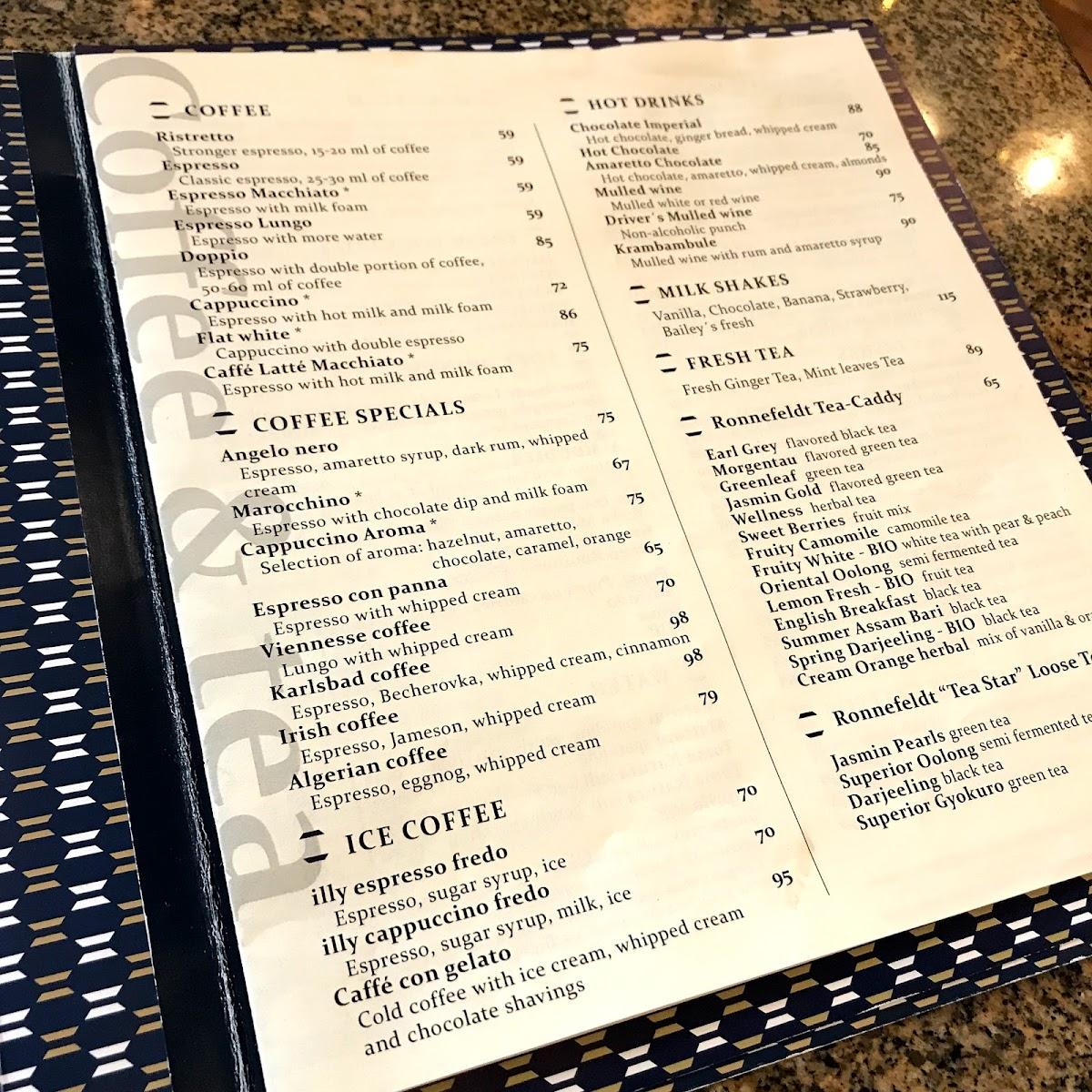 Menu at Café Imperial cafe, Prague