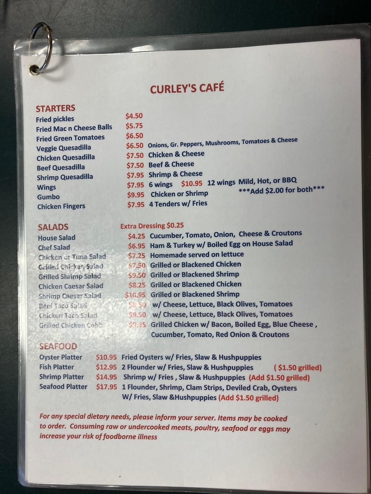 Menu at Curley's Cafe, Little River