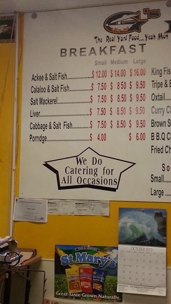 Menu at G's Jamaican Restaurant, Oakland Park