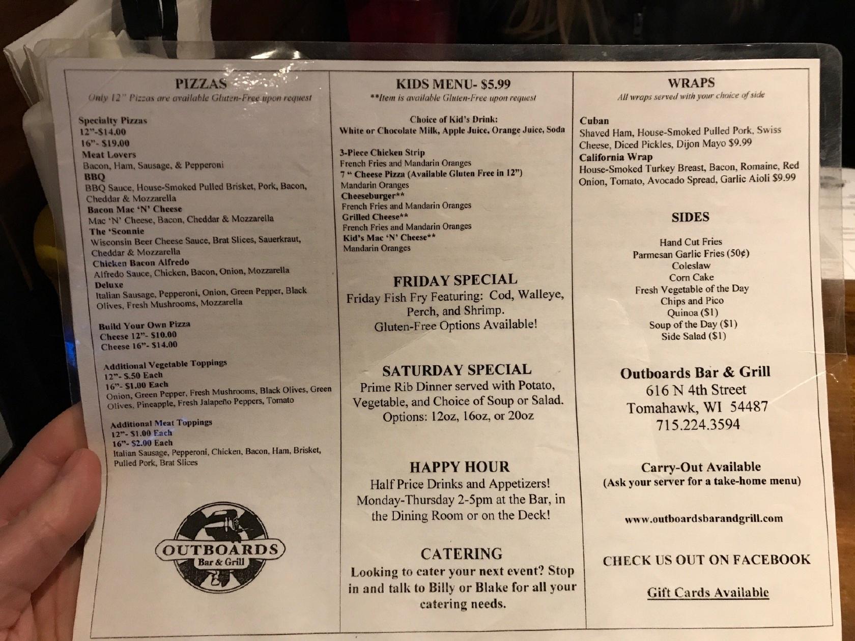 Menu at Outboards Bar & Grill, Tomahawk