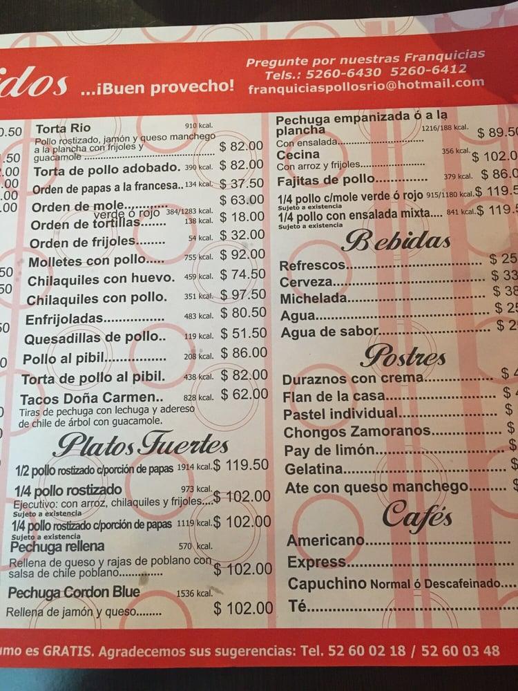 Menu at Pollos Río Gutenberg restaurant, Mexico City, Gutenberg 16