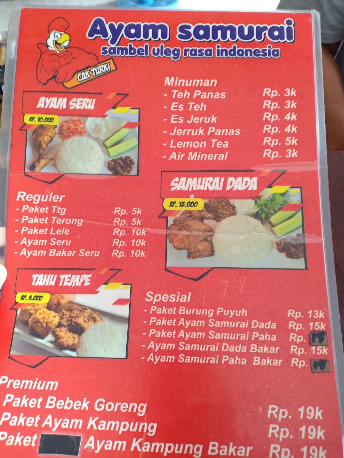 Menu at Ayam Samurai "Cak Turki" restaurant, Malang