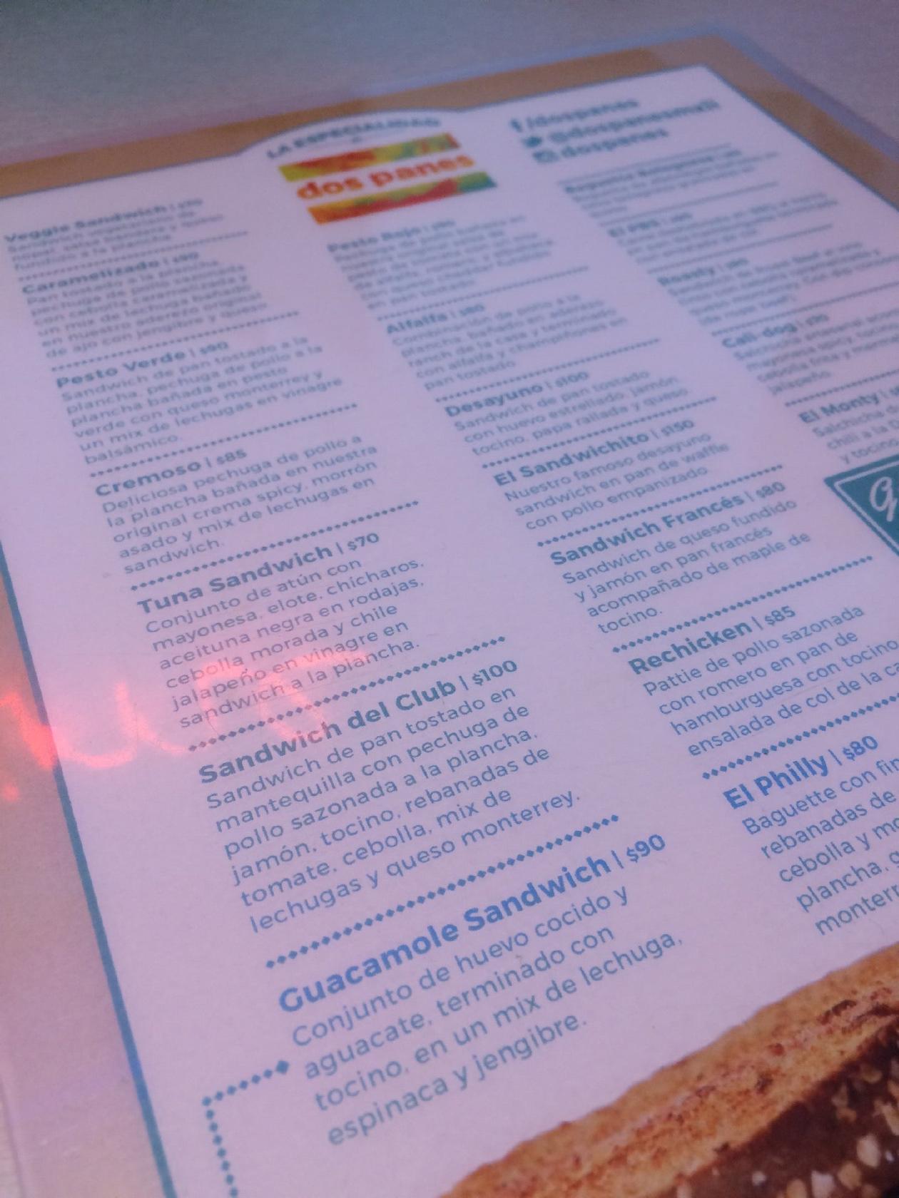 Menu at Dos Panes / Sucursal L Montejano restaurant, Mexicali
