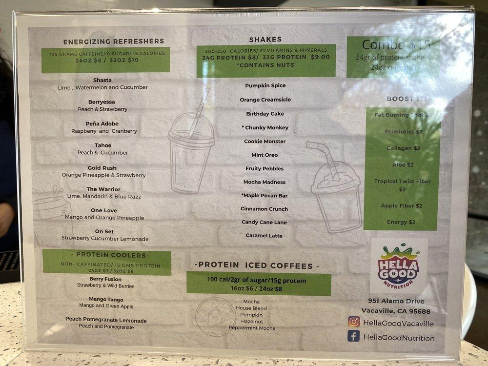 Menu at Hella Good Nutrition pub & bar, Vacaville