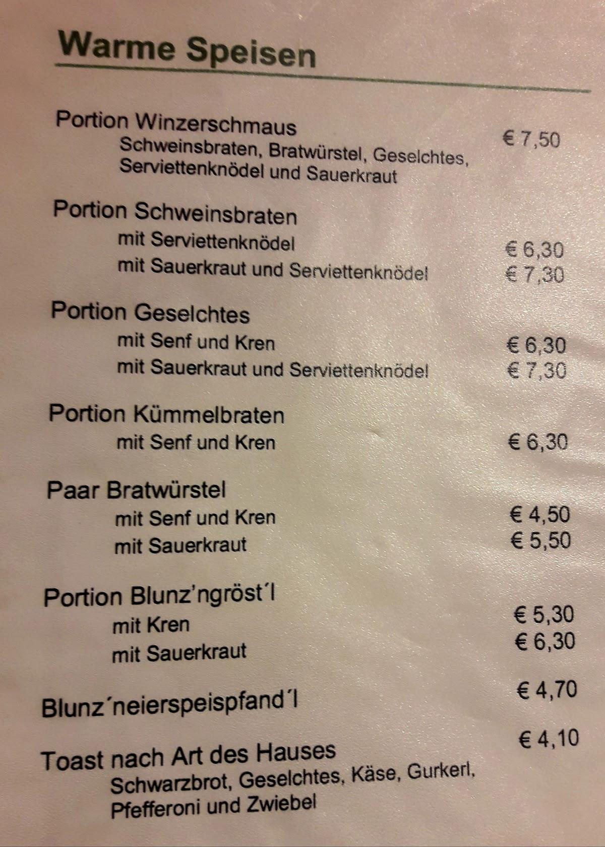 Carta del restaurante Heurigenschenke Josef Jäger, Fischamend
