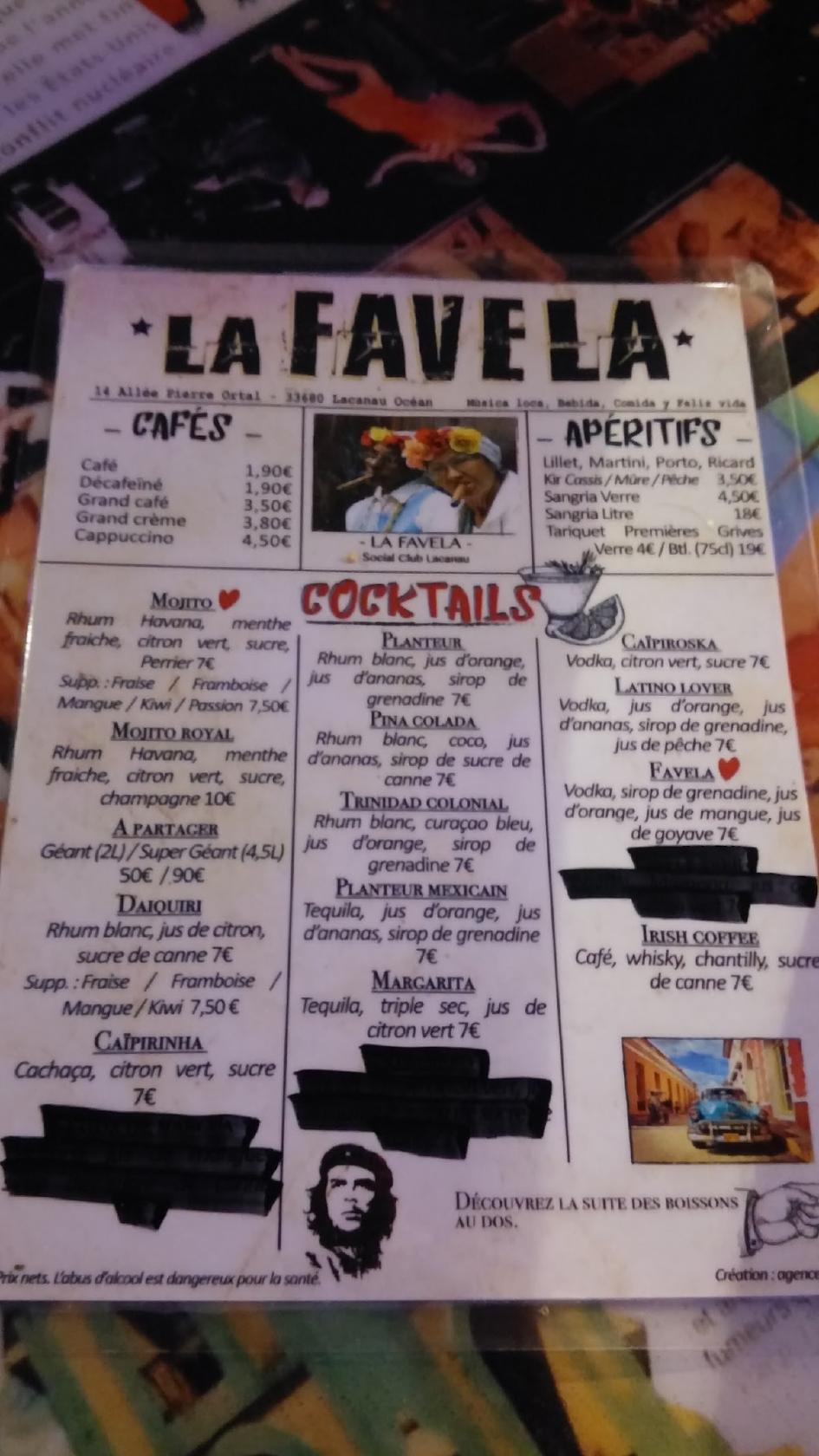 Menu at La Favela pub & bar, Lacanau