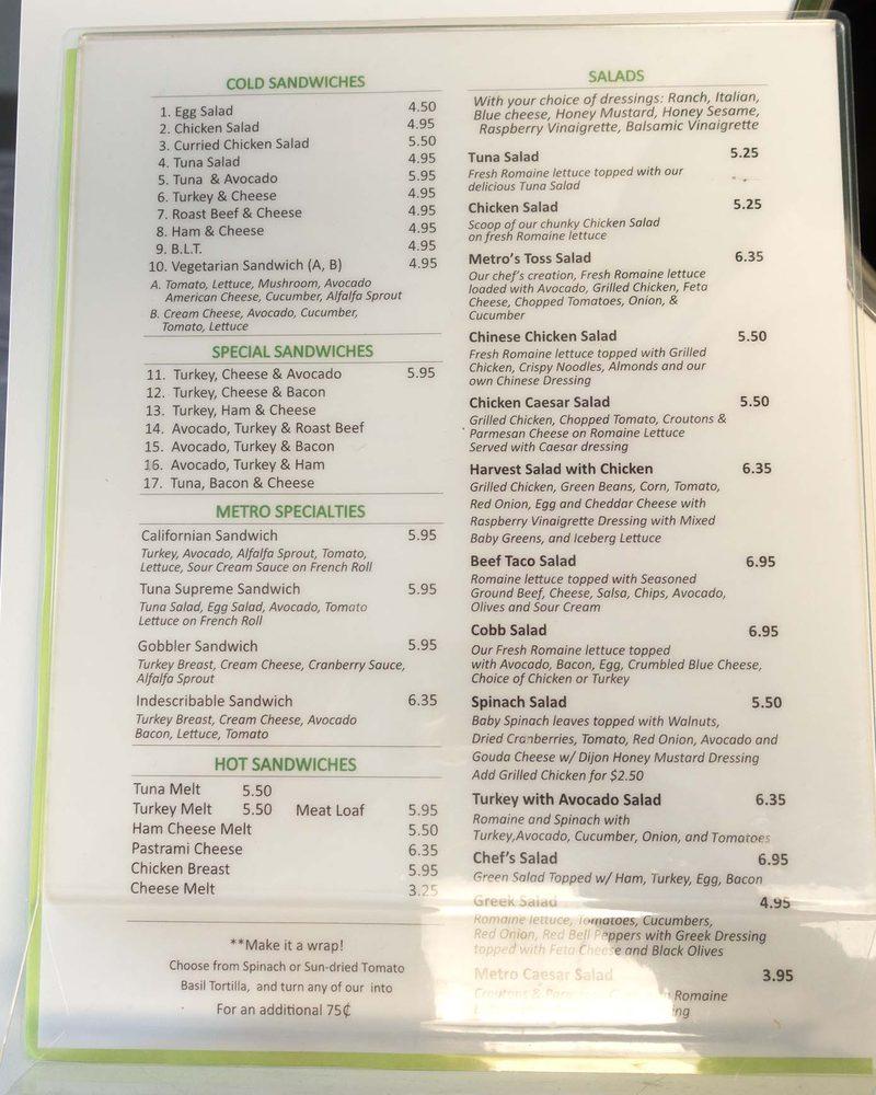 Menu at Metro Cafe, Torrance