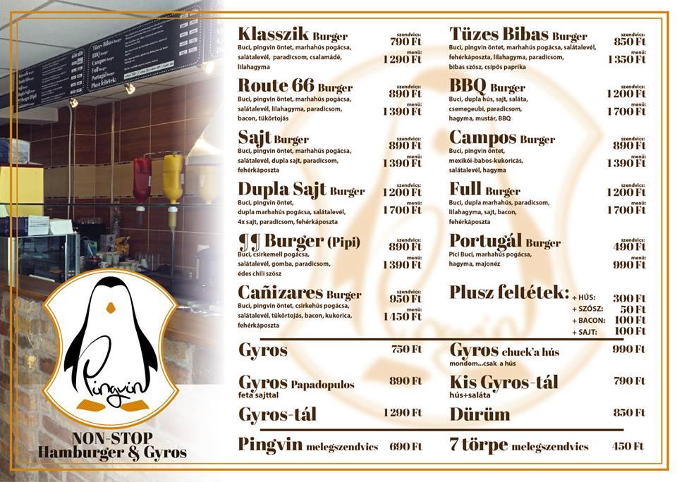 Menu at Pingvin Hamburger Bár & Non-Stop, Székesfehérvár