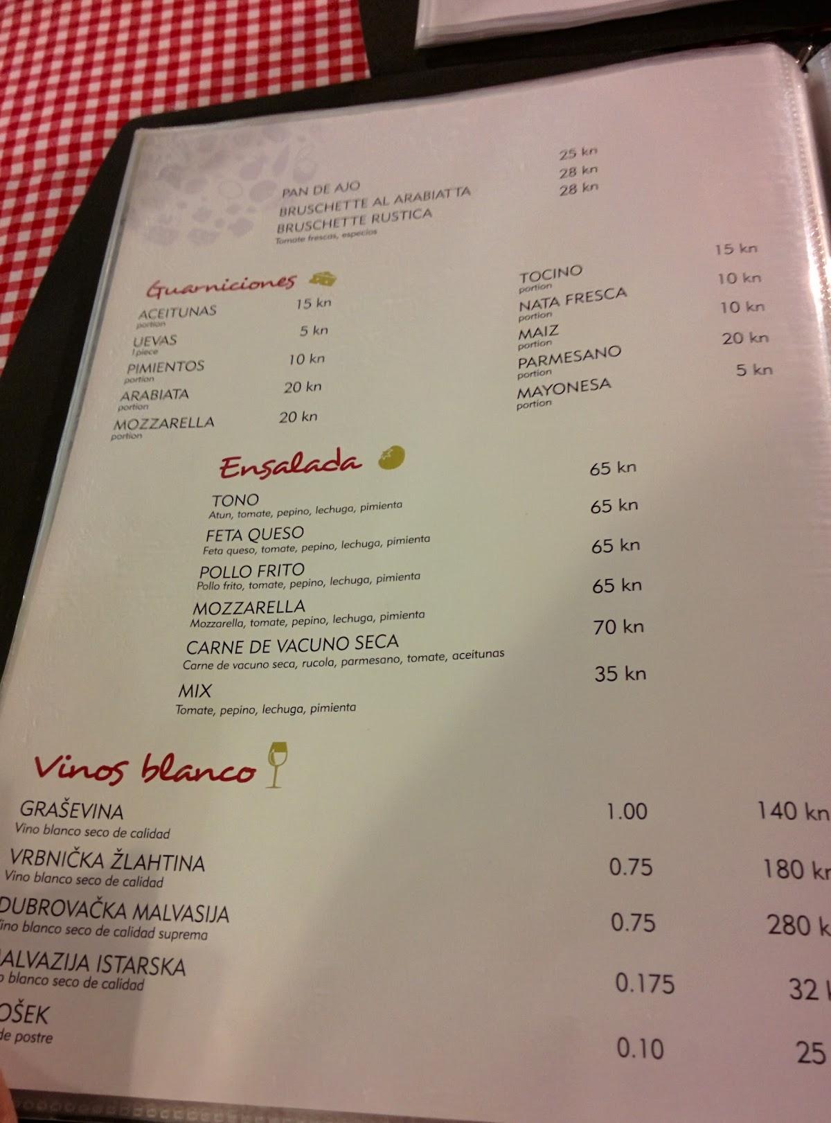 Menu at Pizzeria Castro, Dubrovnik