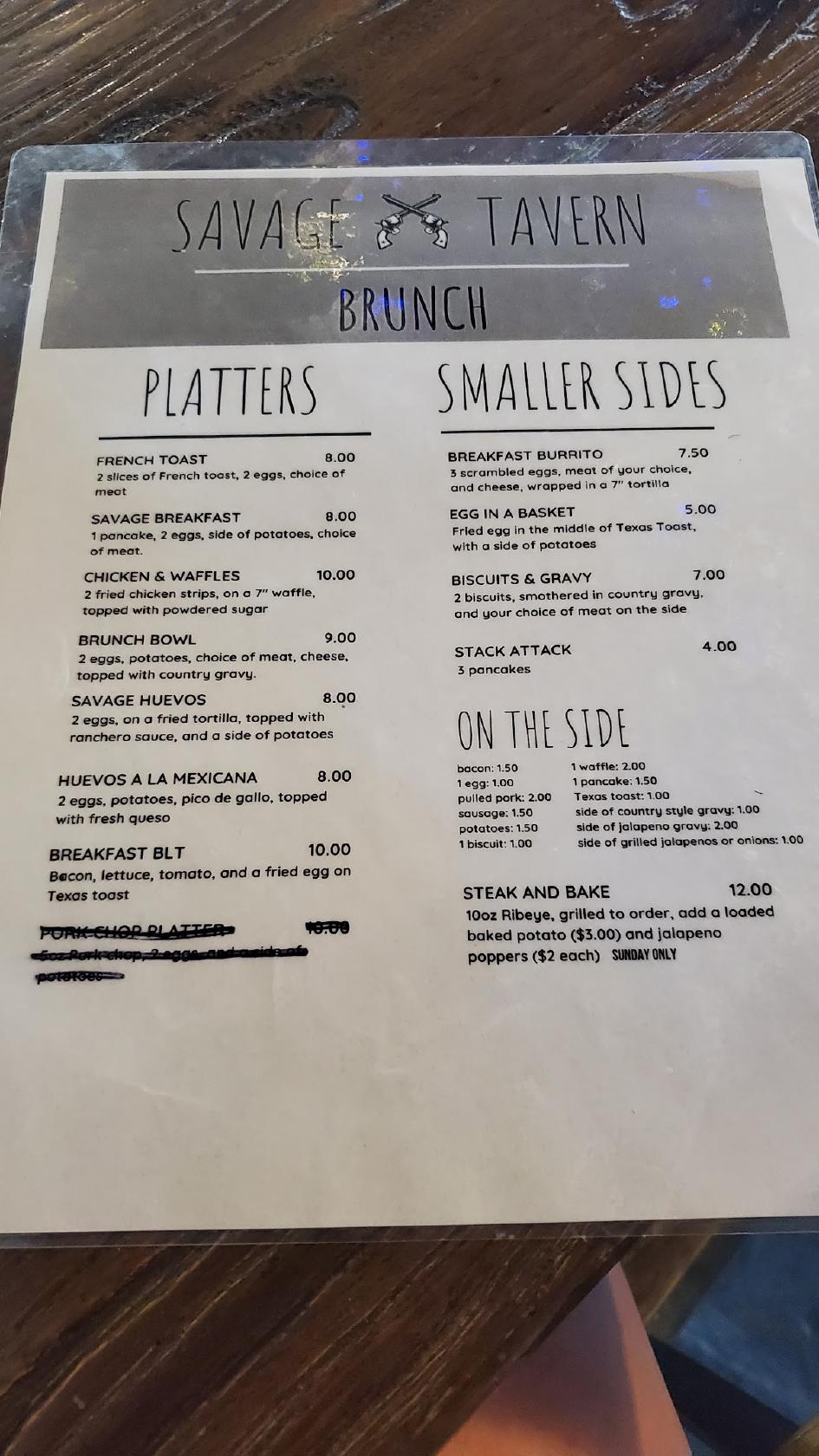 Carta del pub y bar Savage Tavern, Lubbock