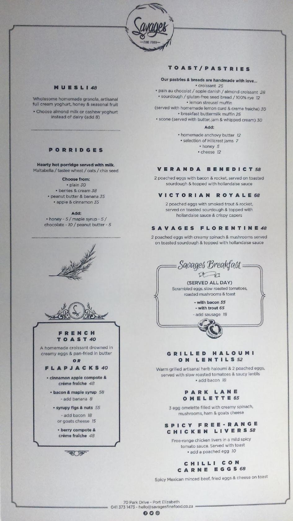 Menu at Savages Fine Food restaurant, Port Elizabeth