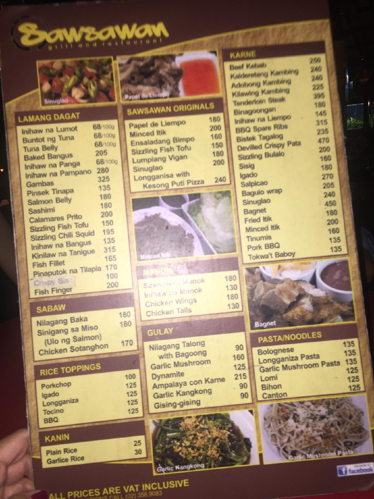 Menu at Sawsawan Restobar, Parañaque