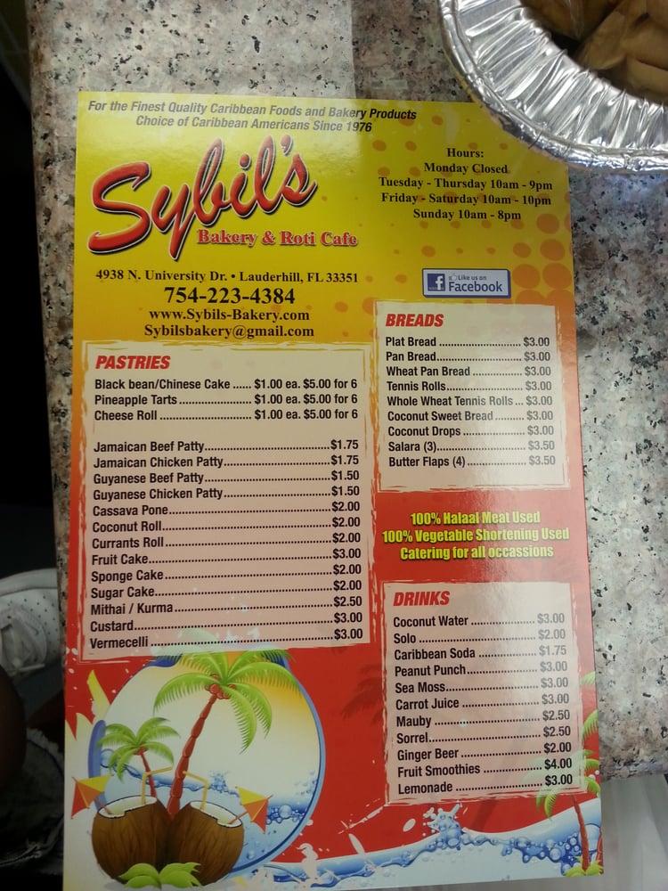 Menu at Sybil's Bakery, Lauderhill