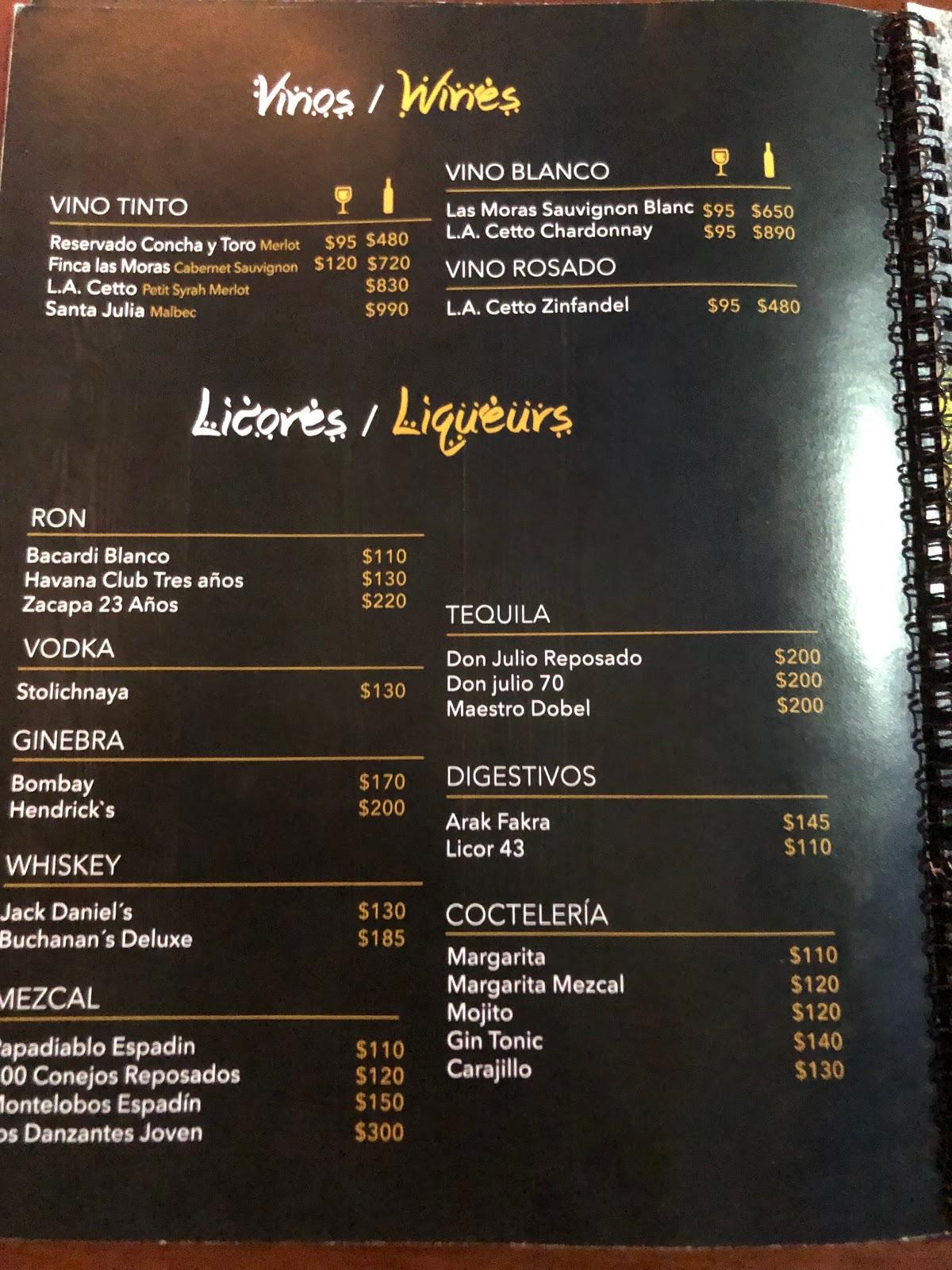 Menu at Tahini restaurant, Playa del Carmen